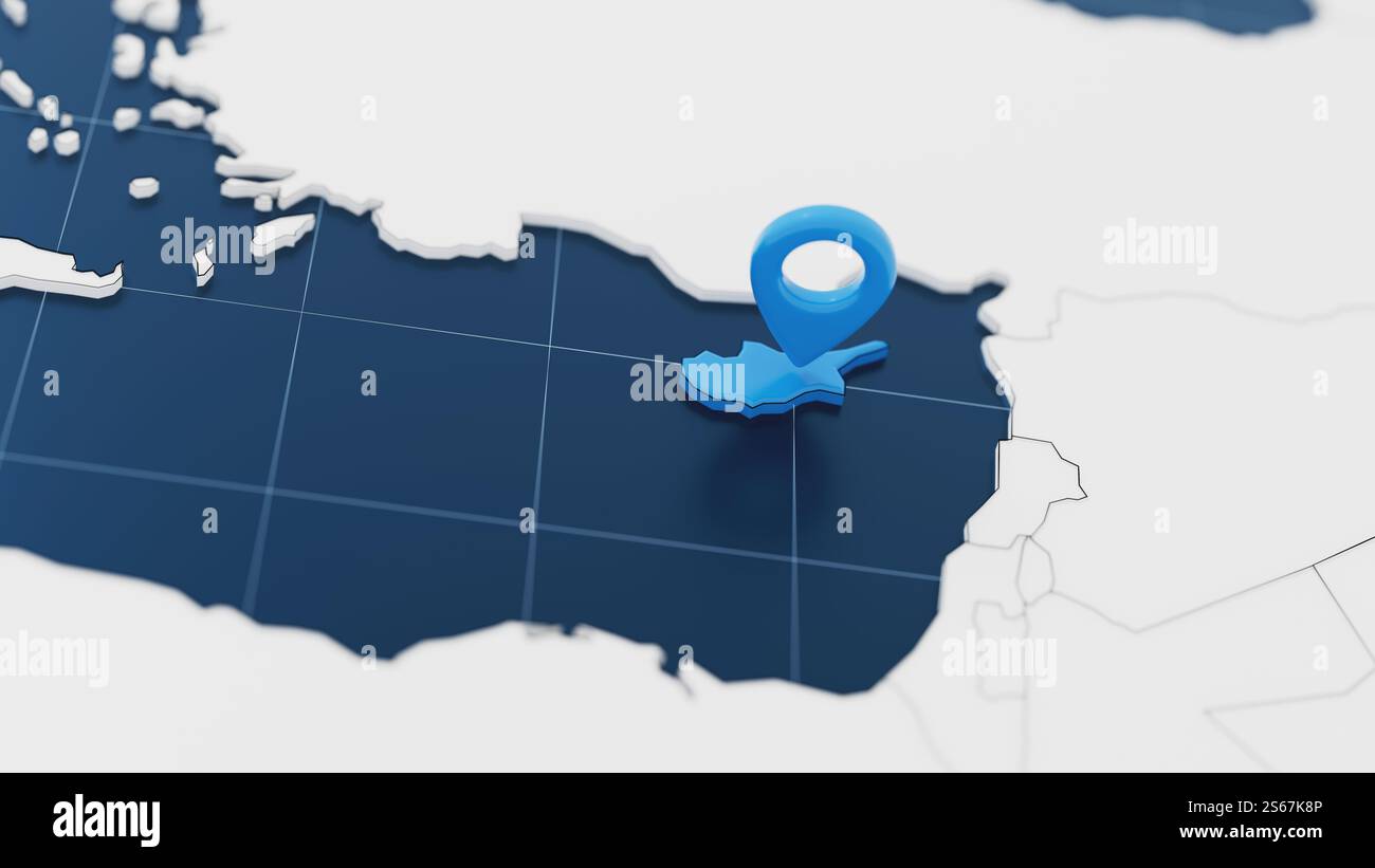 Blue Cyprus 3d map with pointer pin surrounded with other countries in ...