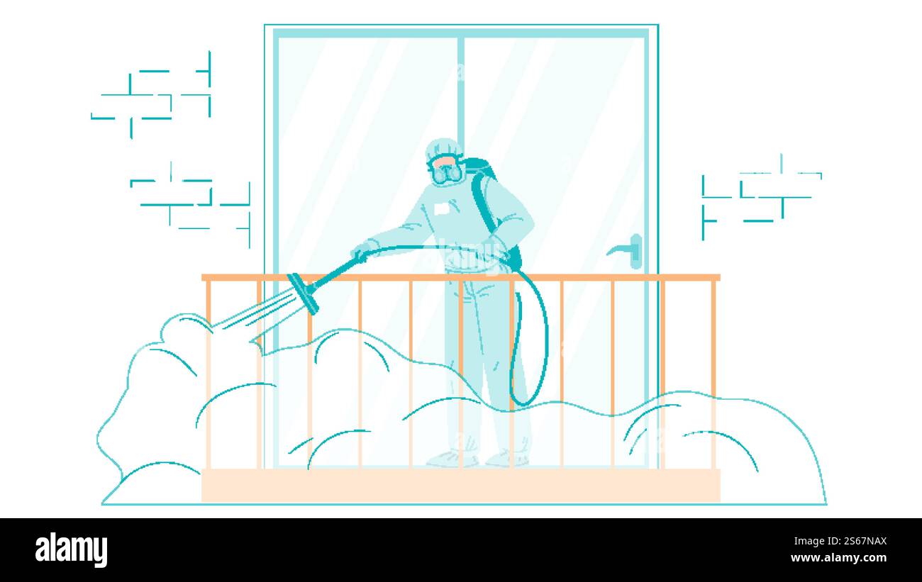 Man In Protective Suit Disinfecting Balcony Black Line Pencil Drawing ...