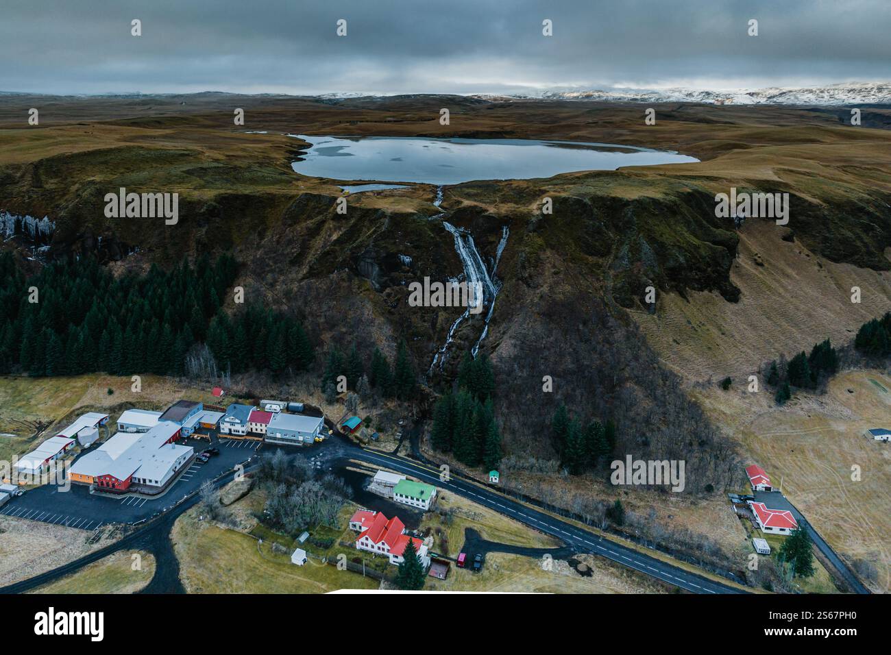 Aerial view of Systravatn lake and Systrafoss waterfall in ...