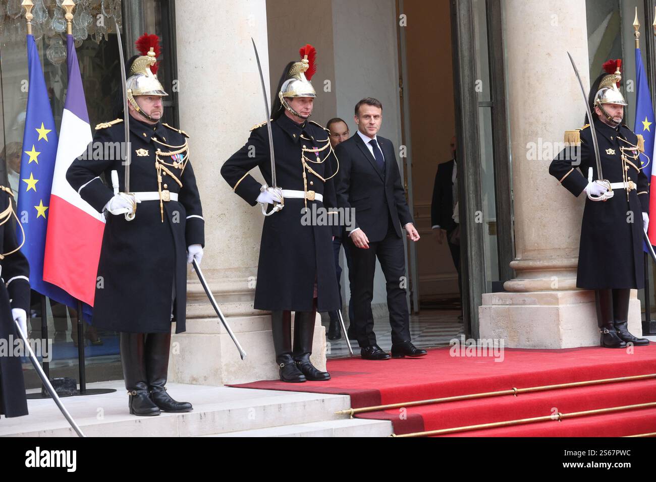 French President Emmanuel Macron during the arrival ceremony of ...