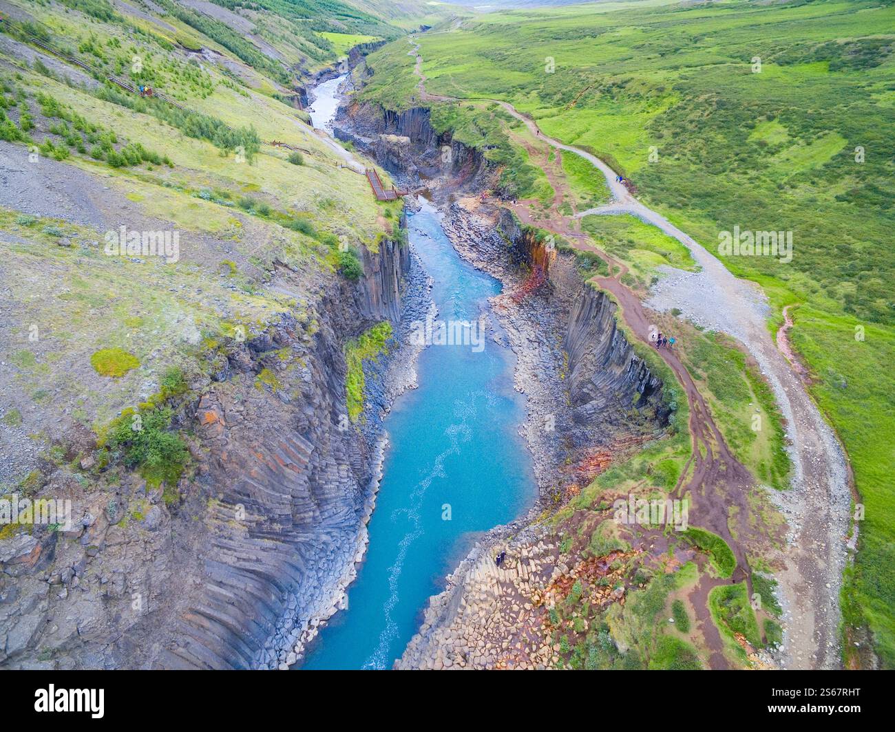 Aerial view of Stuðlagil Canyon known for its columnar basalt rock ...