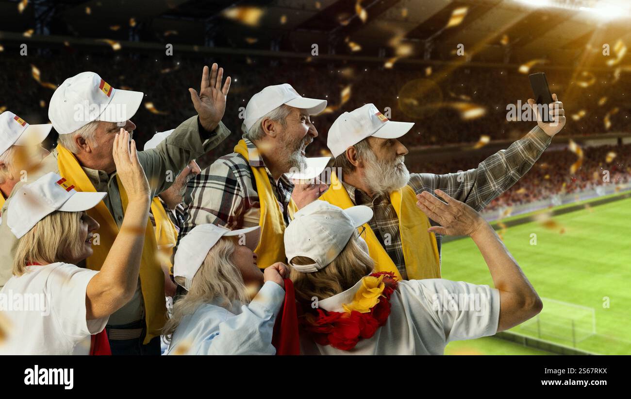 Elderly people, soccer fans in white caps with Spanish flags posing for ...