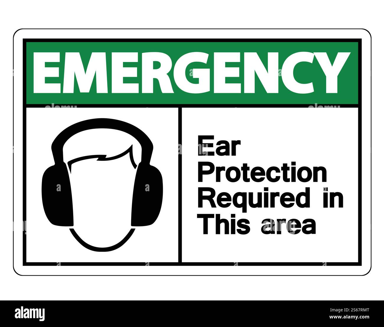 Emergency Ear Protection Required In This Area Symbol Sign on white ...