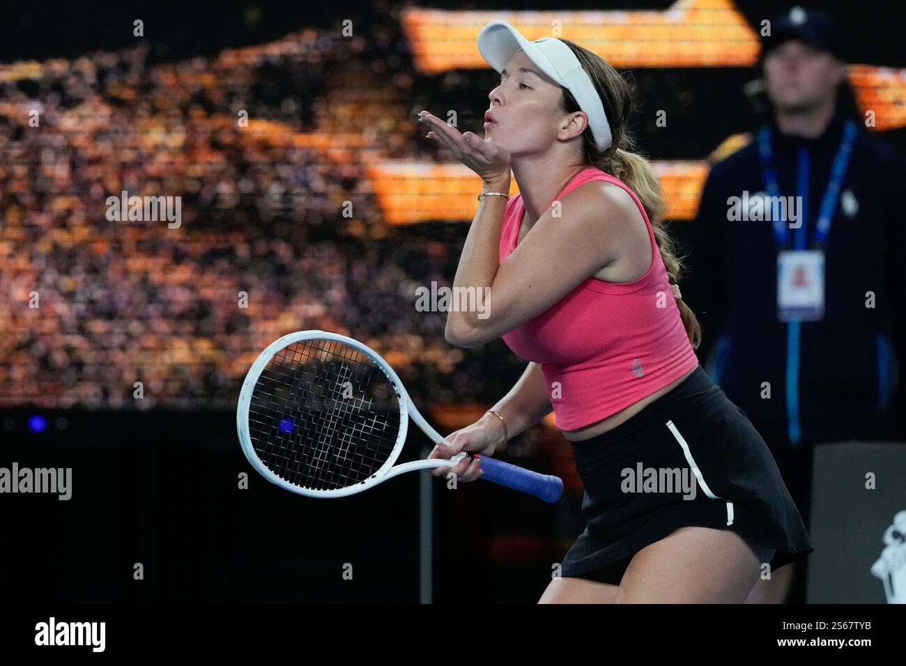 Danielle Collins of the U.S. reacts after defeating Destanee Aiava of Australia in their second ...