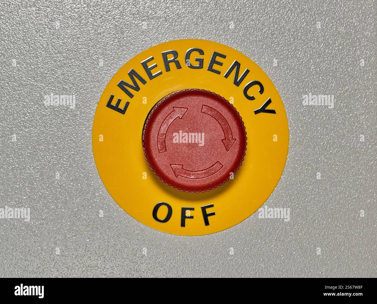 Red Emergency Off button dial on machine shutdown safety mechanism warning switch Stock Photo ...
