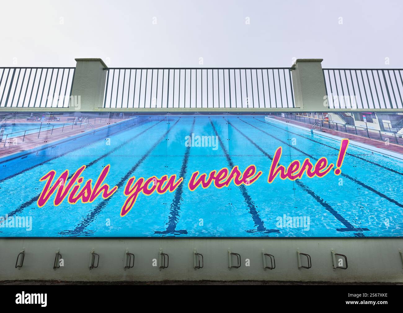 Advert on the Lido outdoor swimming pool in Peterborough, England Stock ...