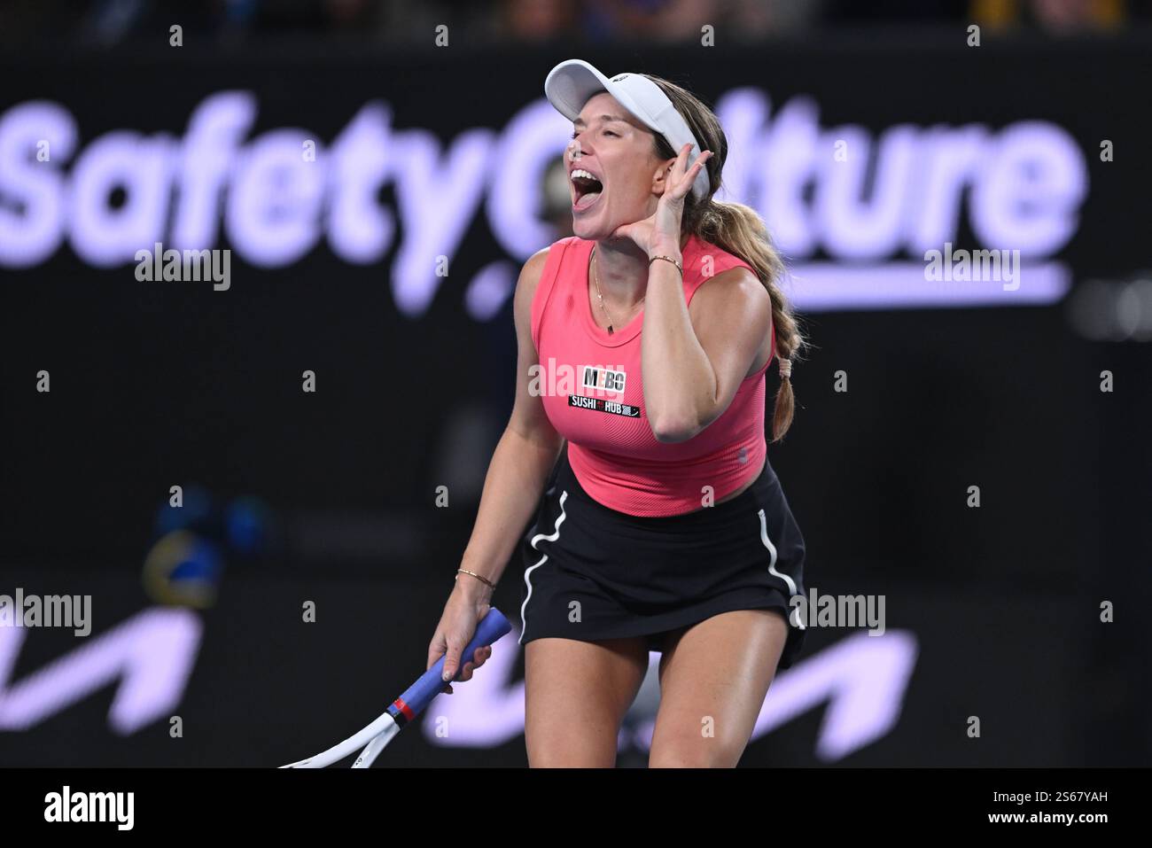 Melbourne, Australia. 16th Jan, 2025. Danielle Collins of USA reacts to the crowd after winning ...