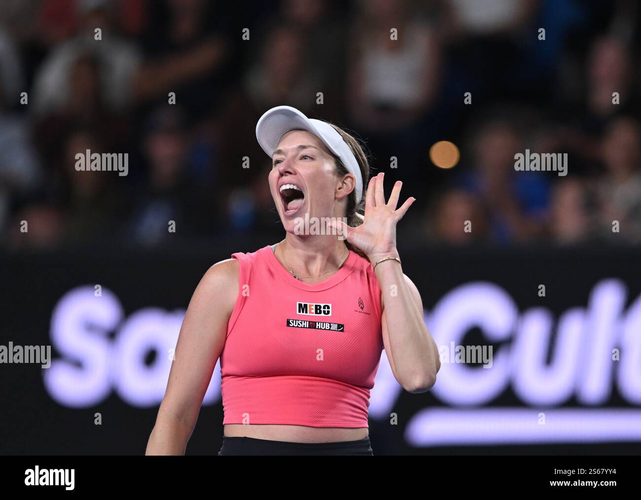 Melbourne, Australia. 16th Jan, 2025. Danielle Collins of USA reacts to the crowd after winning ...