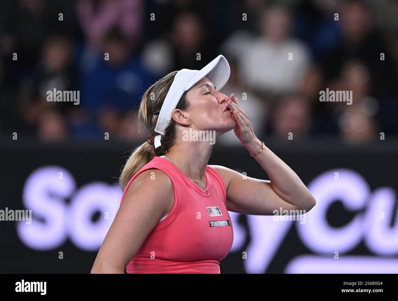 Melbourne, Australia. 16th Jan, 2025. Danielle Collins of USA reacts to the crowd after winning ...
