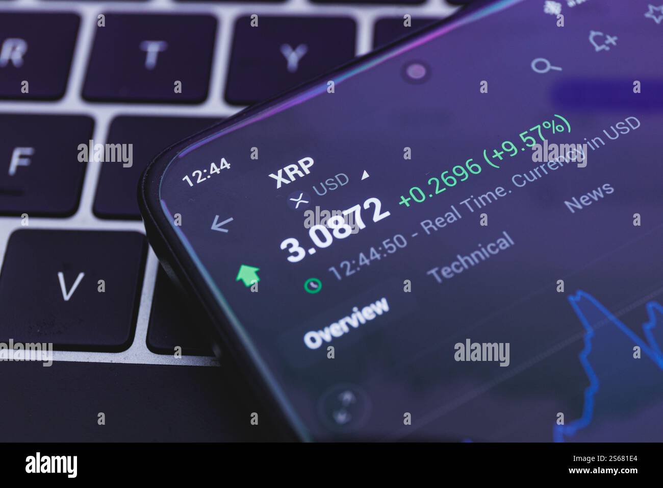 A smartphone displaying a price chart for XRP Ripple cryptocurrency ...