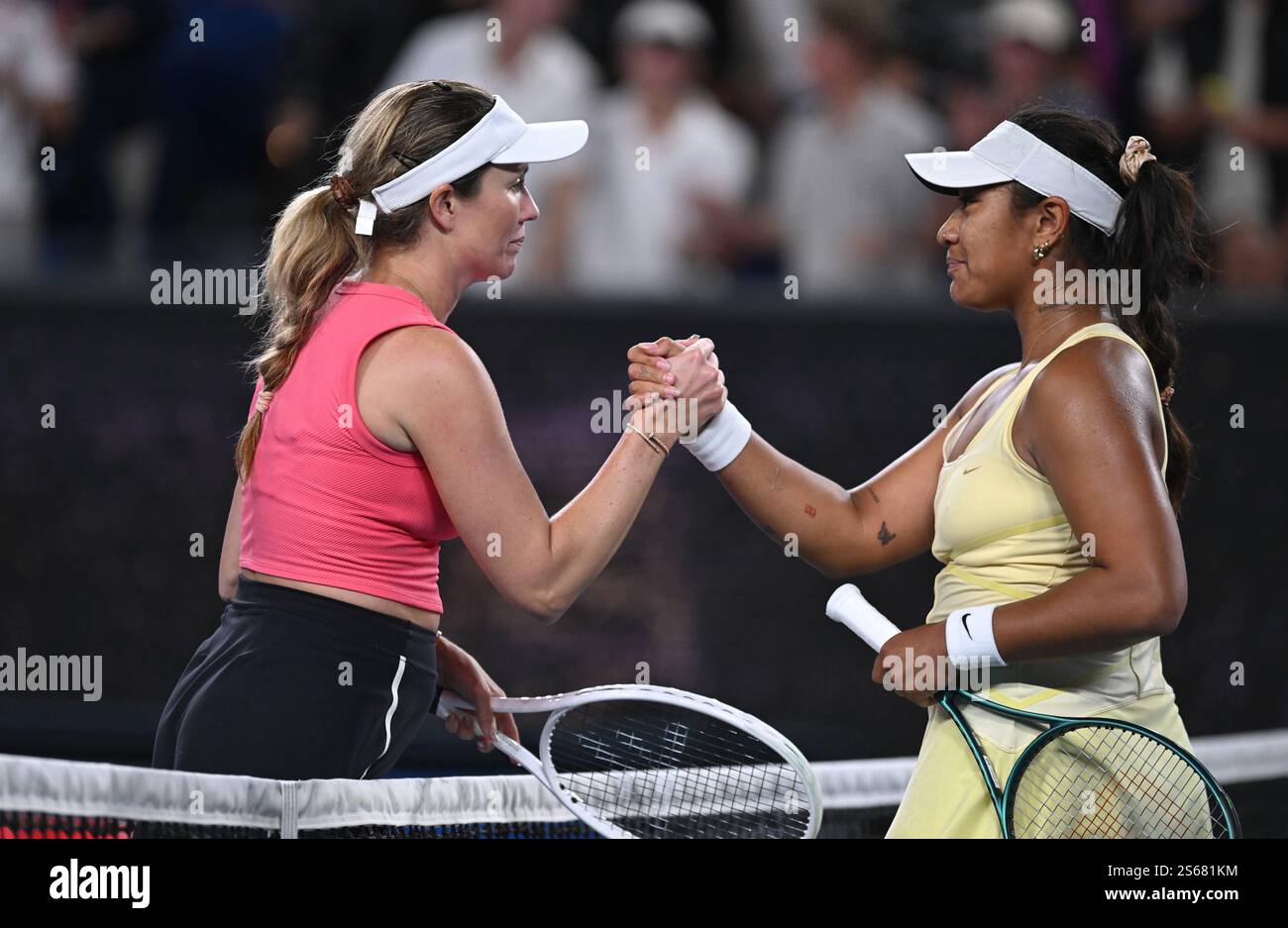 Melbourne, Australia. 16th Jan, 2025. Danielle Collins of USA reacts with Destanee Aiava of ...
