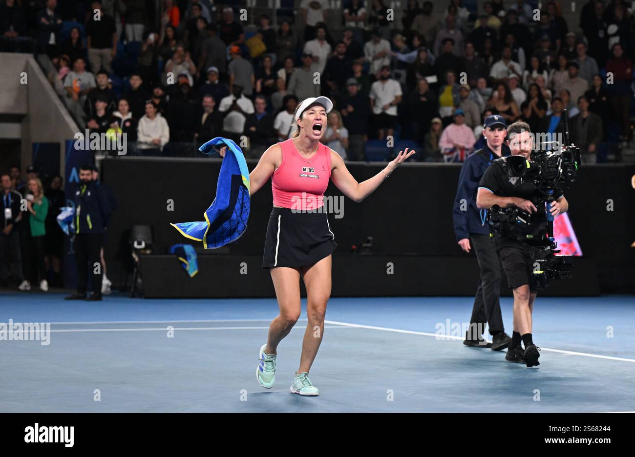 Melbourne, Australia. 16th Jan, 2025. Danielle Collins of USA reacts to the crowd after winning ...