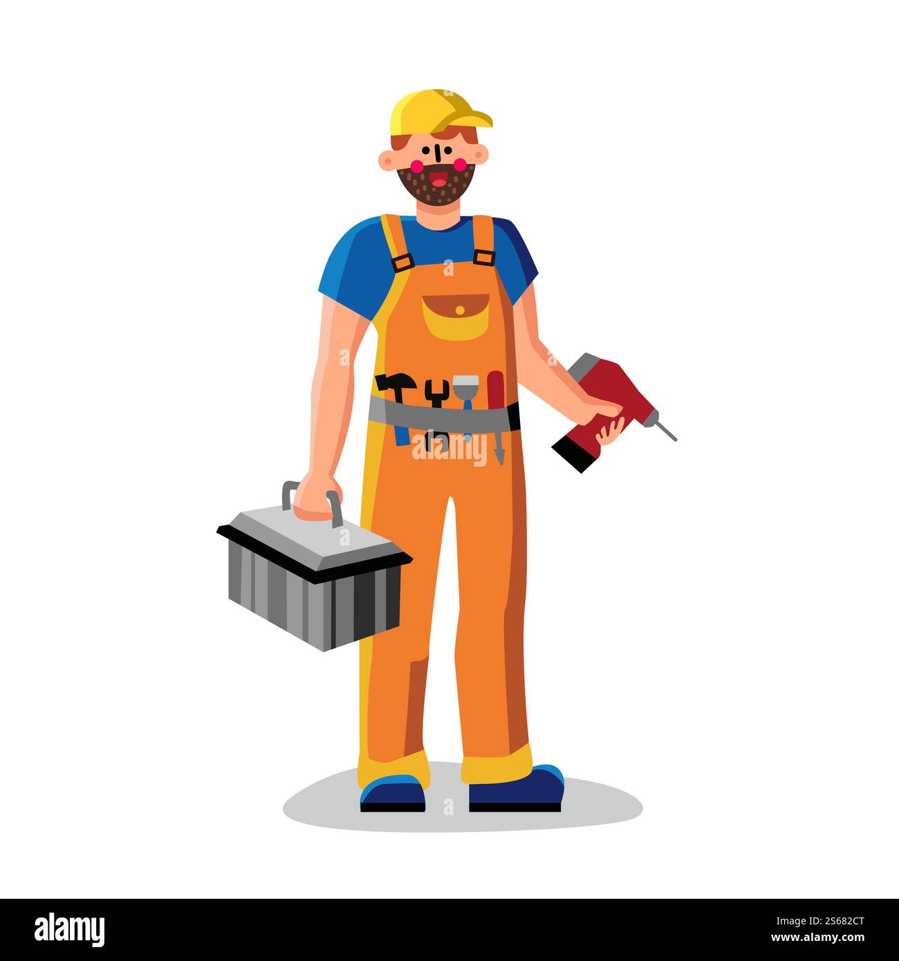 Repair Man Holding Drill And Instrument Box Vector. Repairman Tech ...