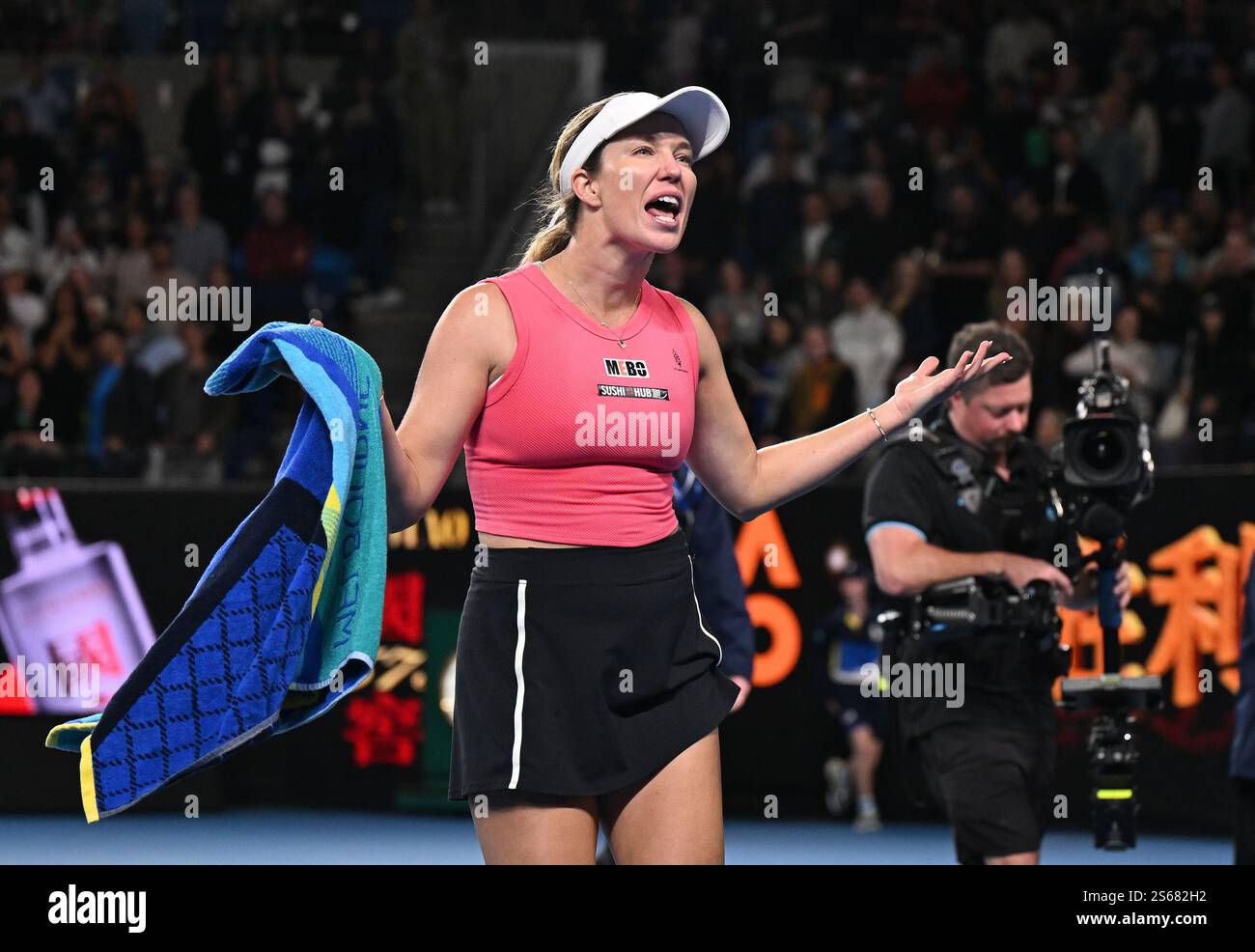 Melbourne, Australia. 16th Jan, 2025. Danielle Collins of USA reacts to the crowd after winning ...