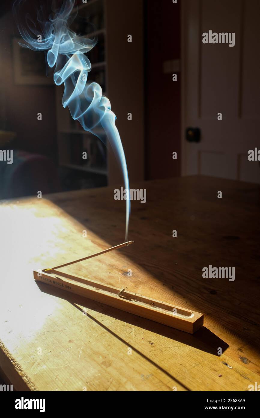 Interesting smoke patterns from a lit incense stick on a dining room ...