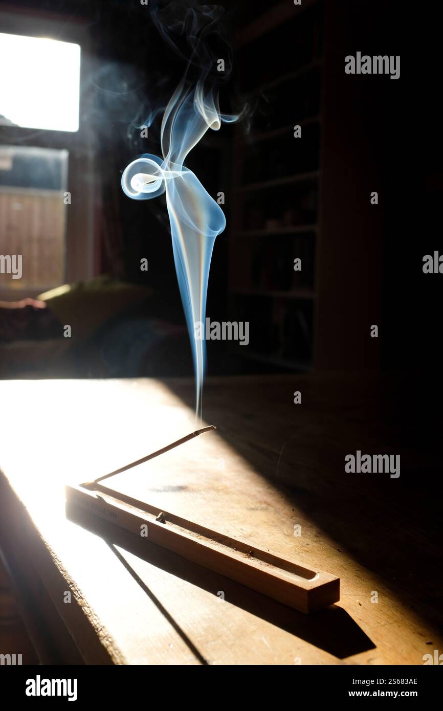 Interesting smoke patterns from a lit incense stick on a dining room ...