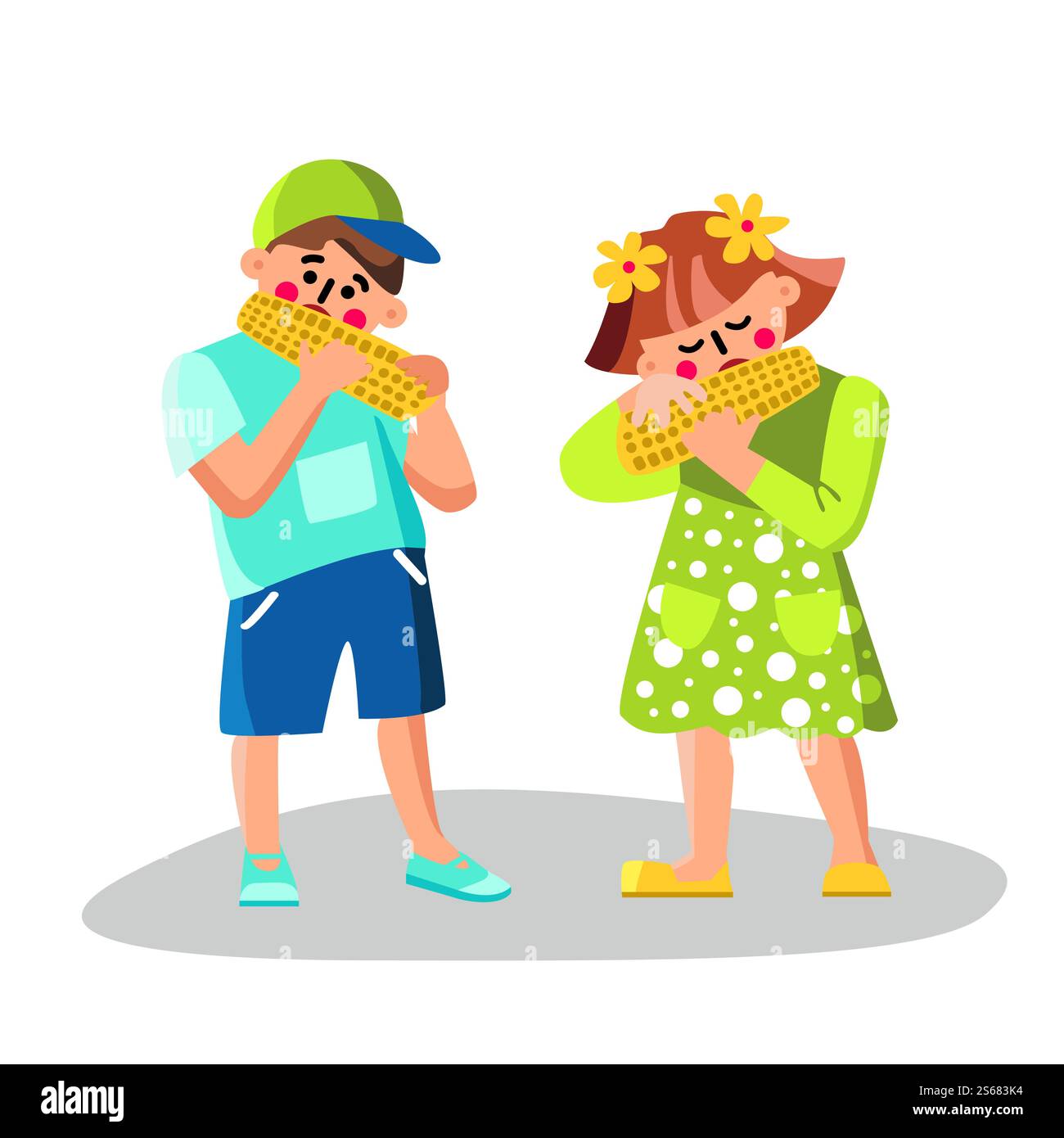 Children Eating Boiled Corn Vegetable Food Vector. Happy Bay And Girl ...
