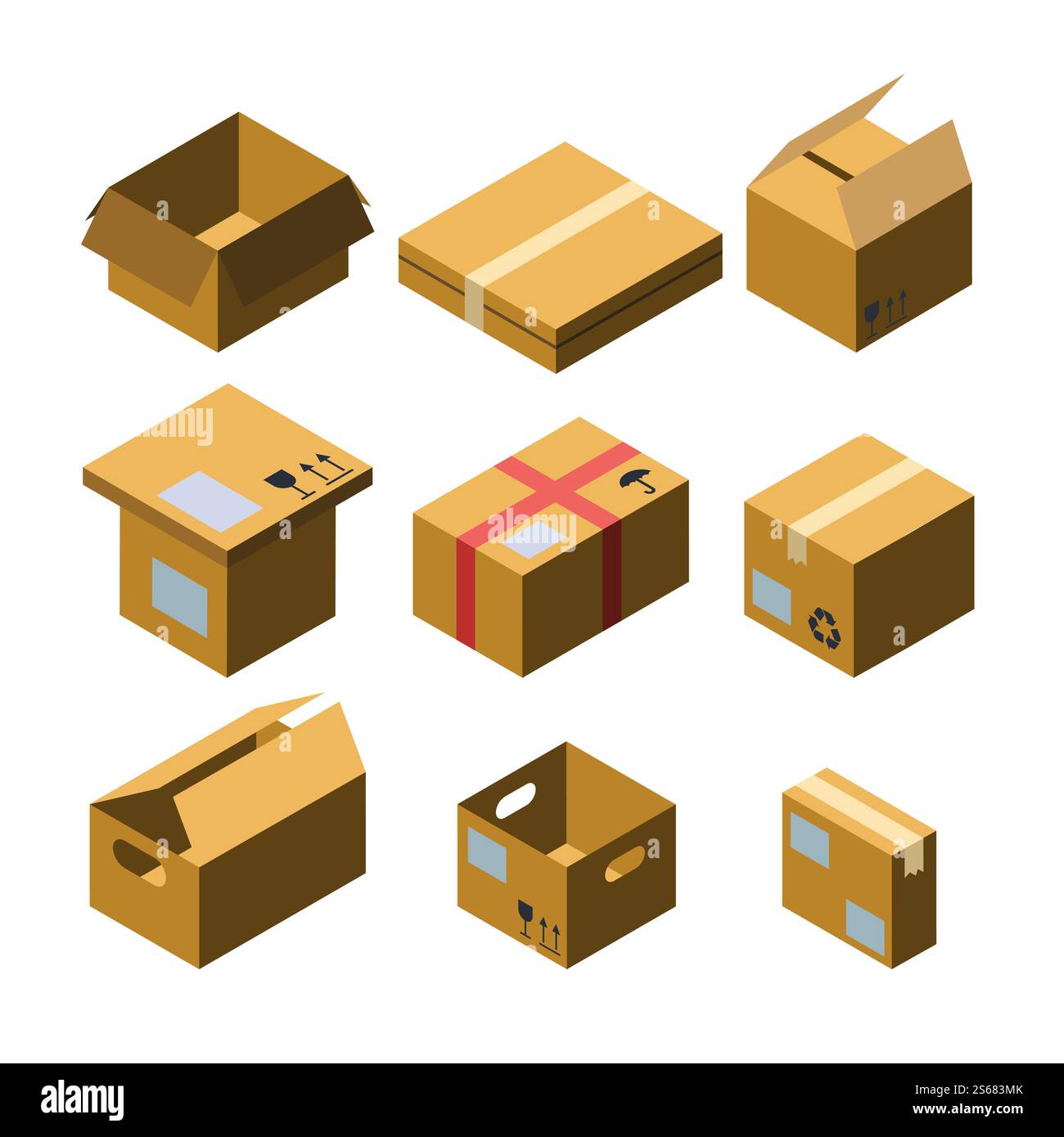 Cardboard Box Different Size Collection Isometric Set Vector. Blank Closed And Opened Empty Box ...