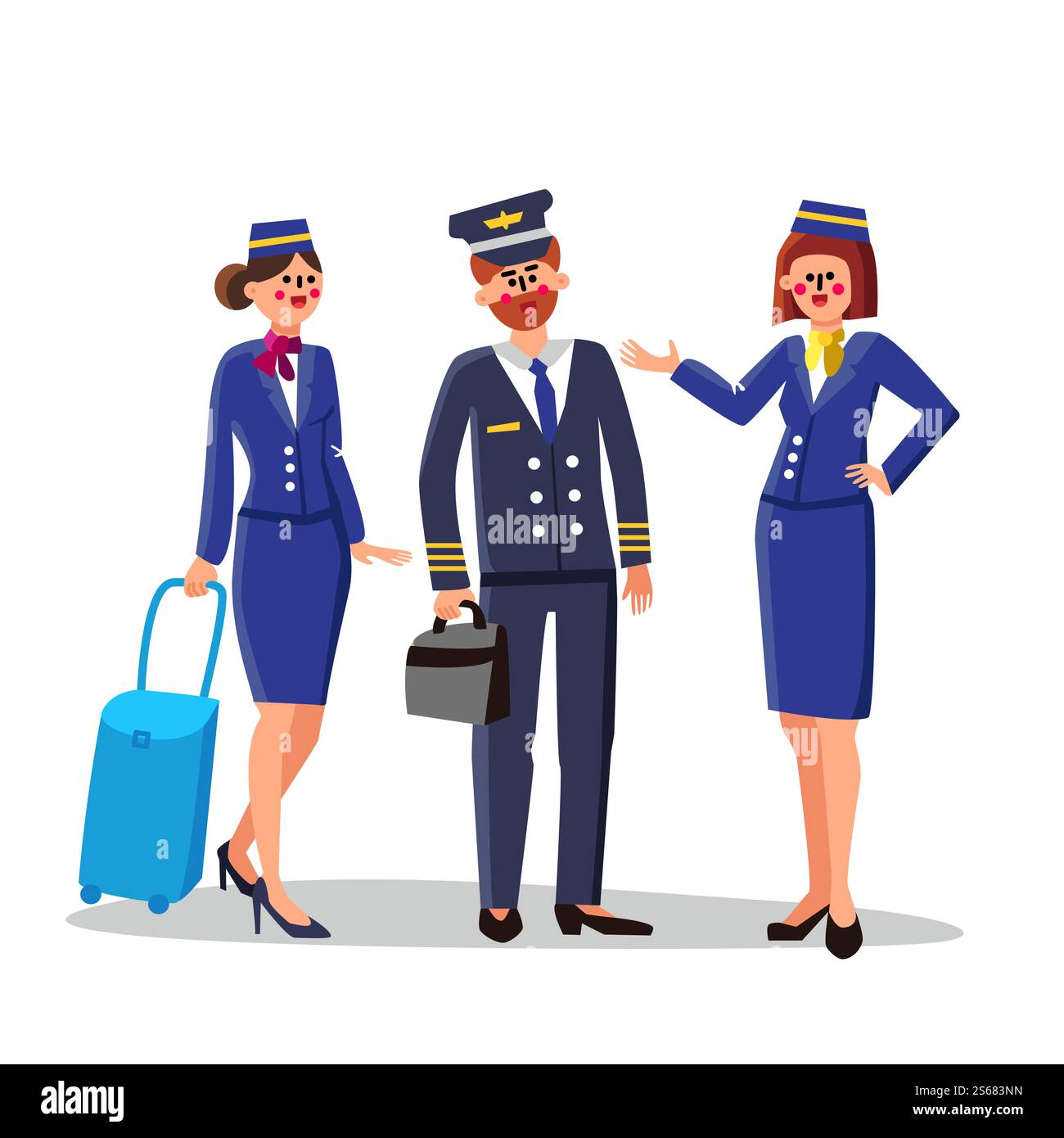 Pilot And Stewardesses Wearing Uniform Vector. Happy Smiling Bearded ...