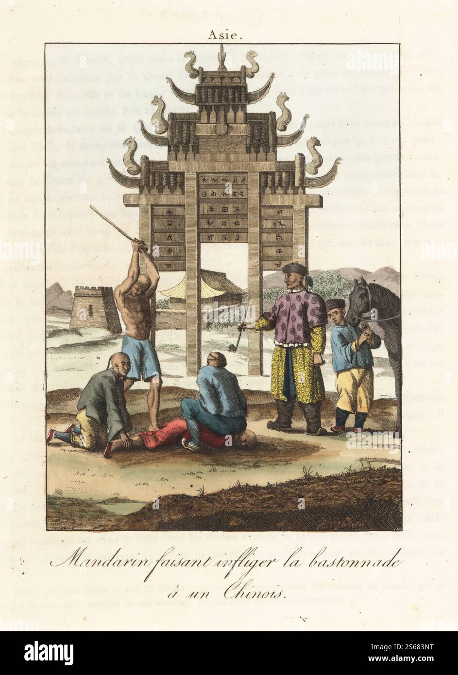 Chinese mandarin overseeing the beating or bastinado of a criminal ...
