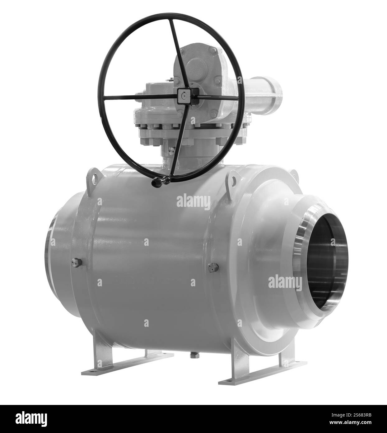 A large white ball valve with a black handle. The valve is in the ...