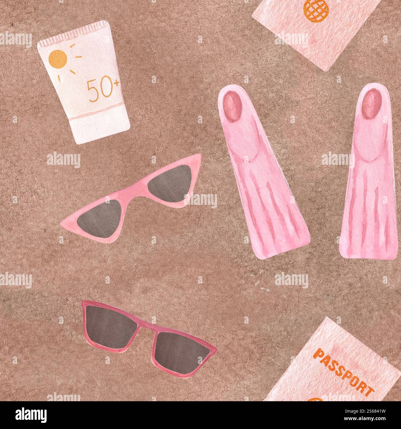 Sunglasses, passport, sun cream, diving flippers pink watercolor ...