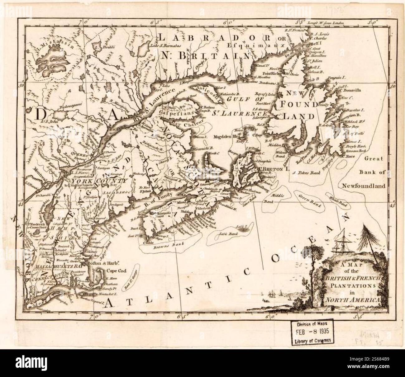 A map of the British & French plantations in North America. 1755 Stock ...