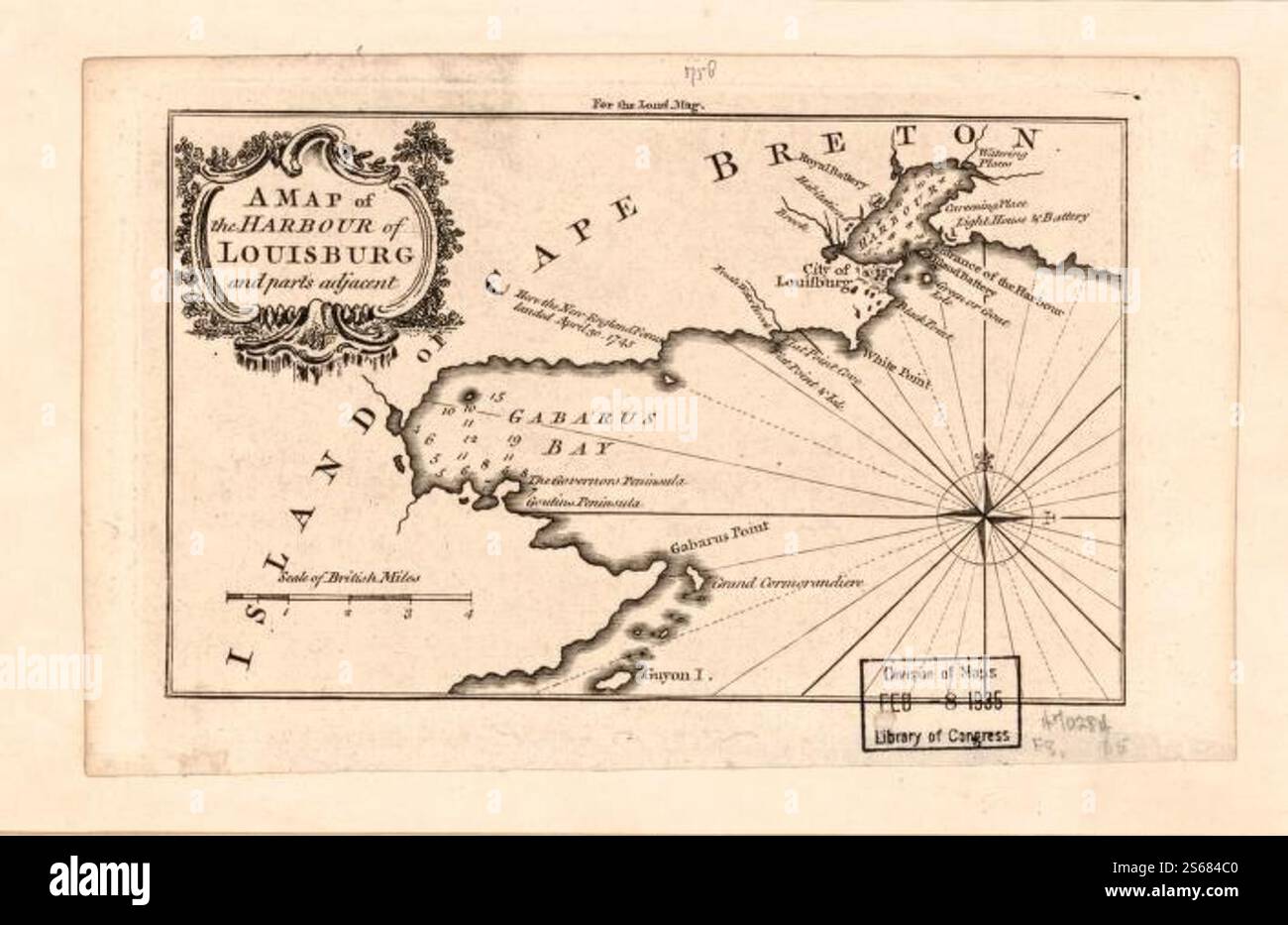 A map of the harbour of Louisburg and parts adjacent. 1758 Stock Photo ...