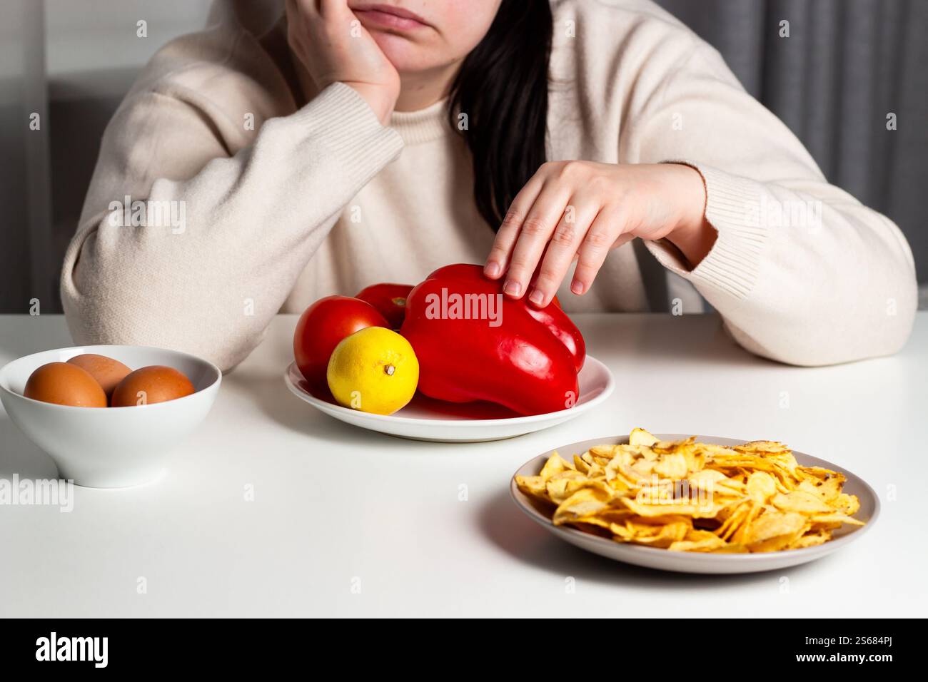 Woman being tired of dieting. Boring healthy food. Overweight female ...