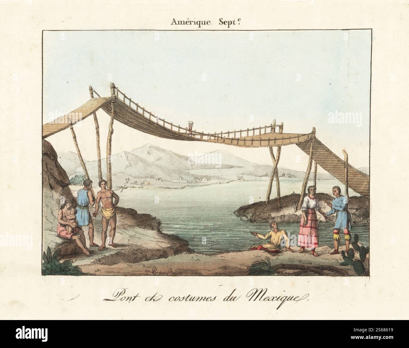 Rope bridge and costumes of Mexico, 18th century. The rope bridge sways ...