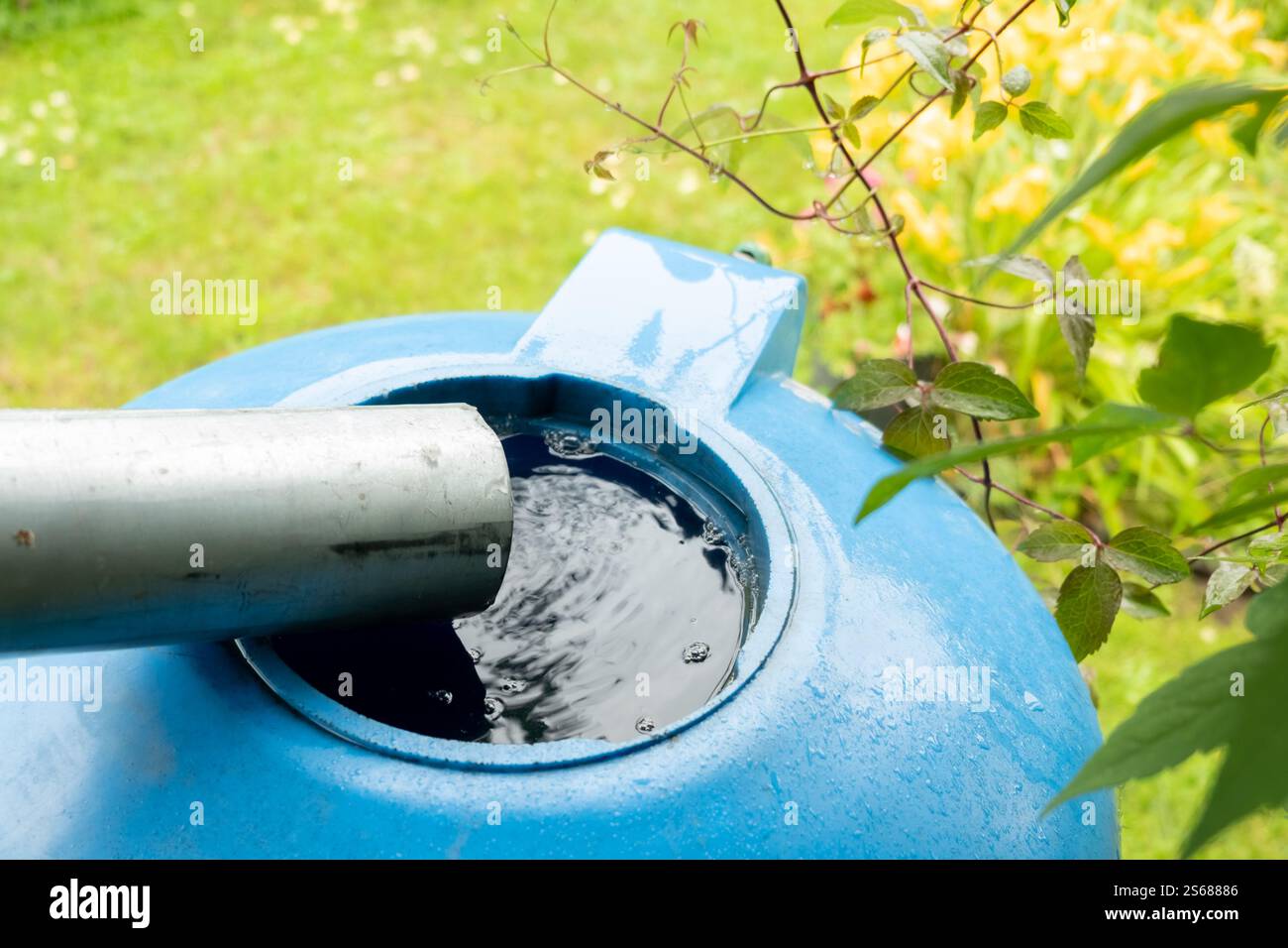 water collection tank under a roof with a drain. Rain water harvesting ...