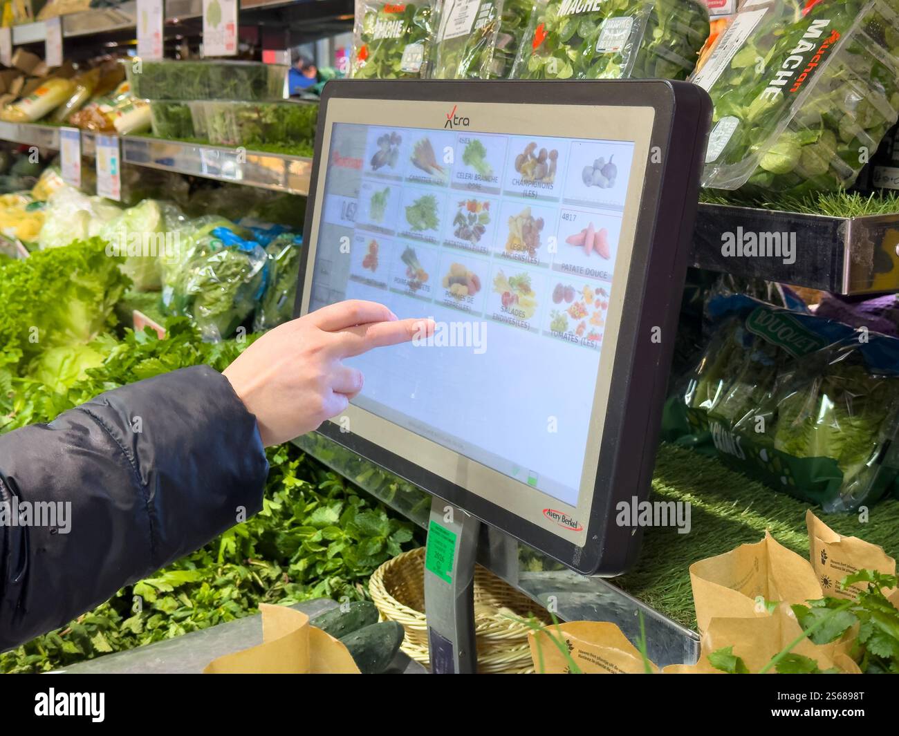 Touchscreen kiosk for selecting fresh produce in grocery store Stock ...