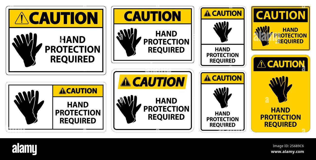 Caution Hand Protection Required Sign on white background Stock Vector ...