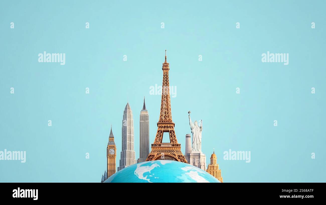 Visually striking composition featuring famous global landmarks such as ...