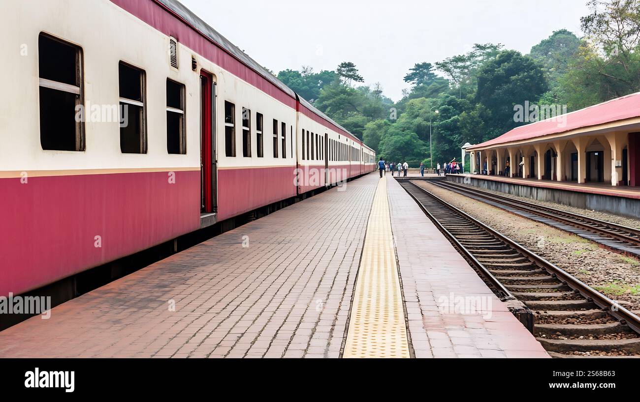 Bustling Train Station Platform with Departing Train and Travelers ...