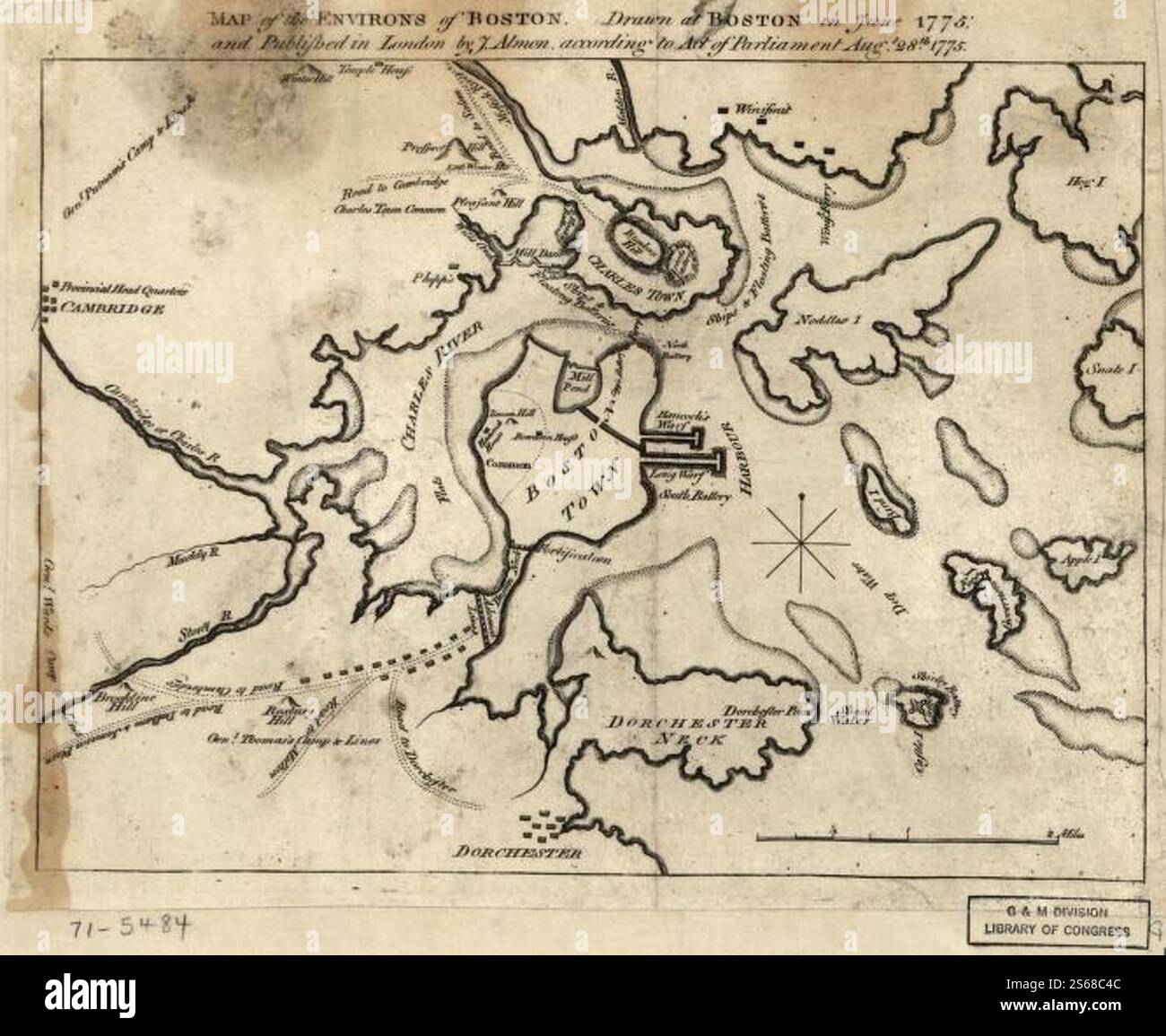 Map of the environs of Boston. 1775 by Almon John Stock Photo - Alamy