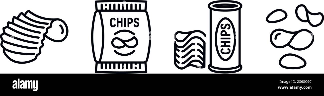 Chips potato icons set. Outline set of chips potato vector icons for ...
