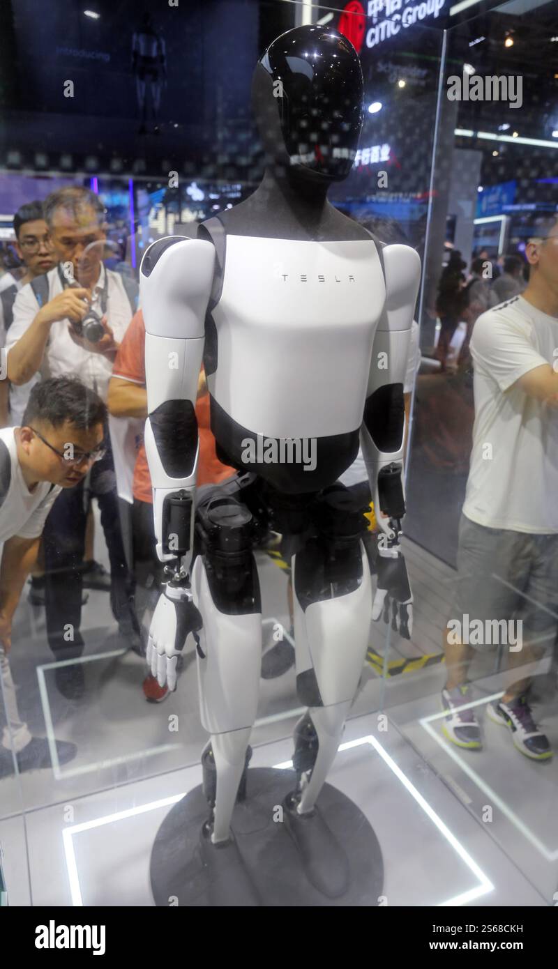 Visitors view a Tesla humanoid robot at the World Artificial ...