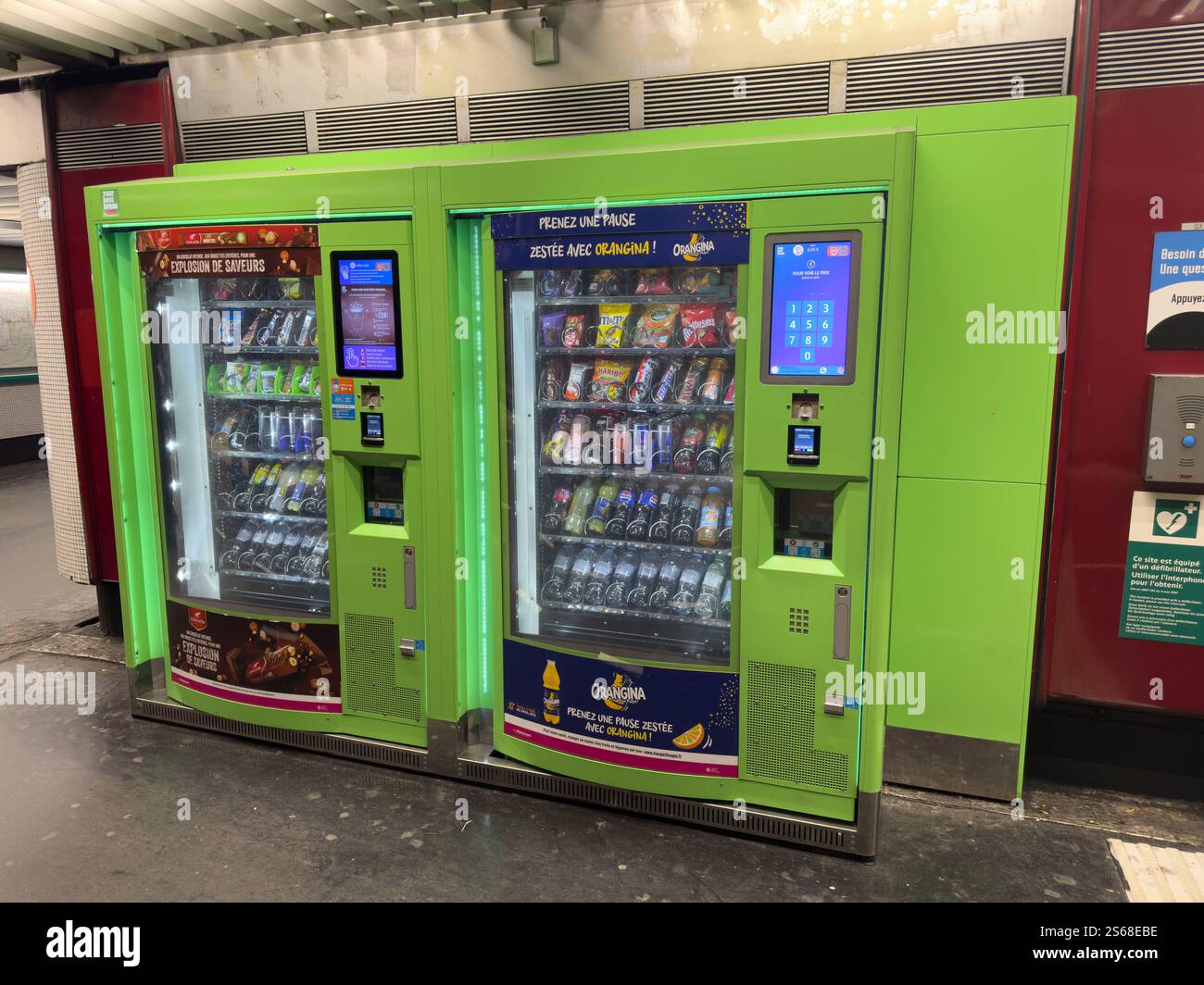 Vending machines offering snacks and drinks in a subway station at ...