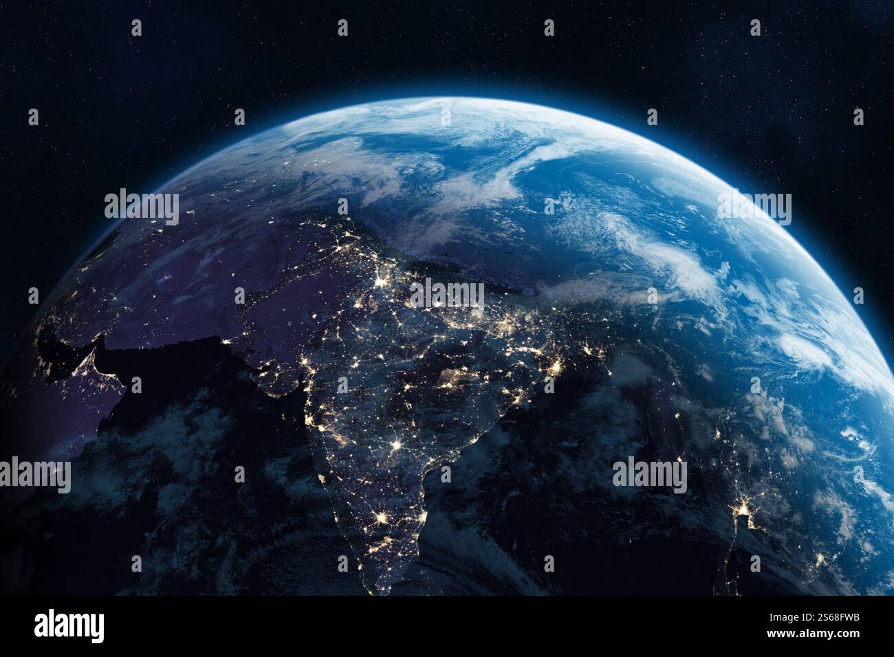Earth planet in outer space. Asia at night. Near East or Middle East ...