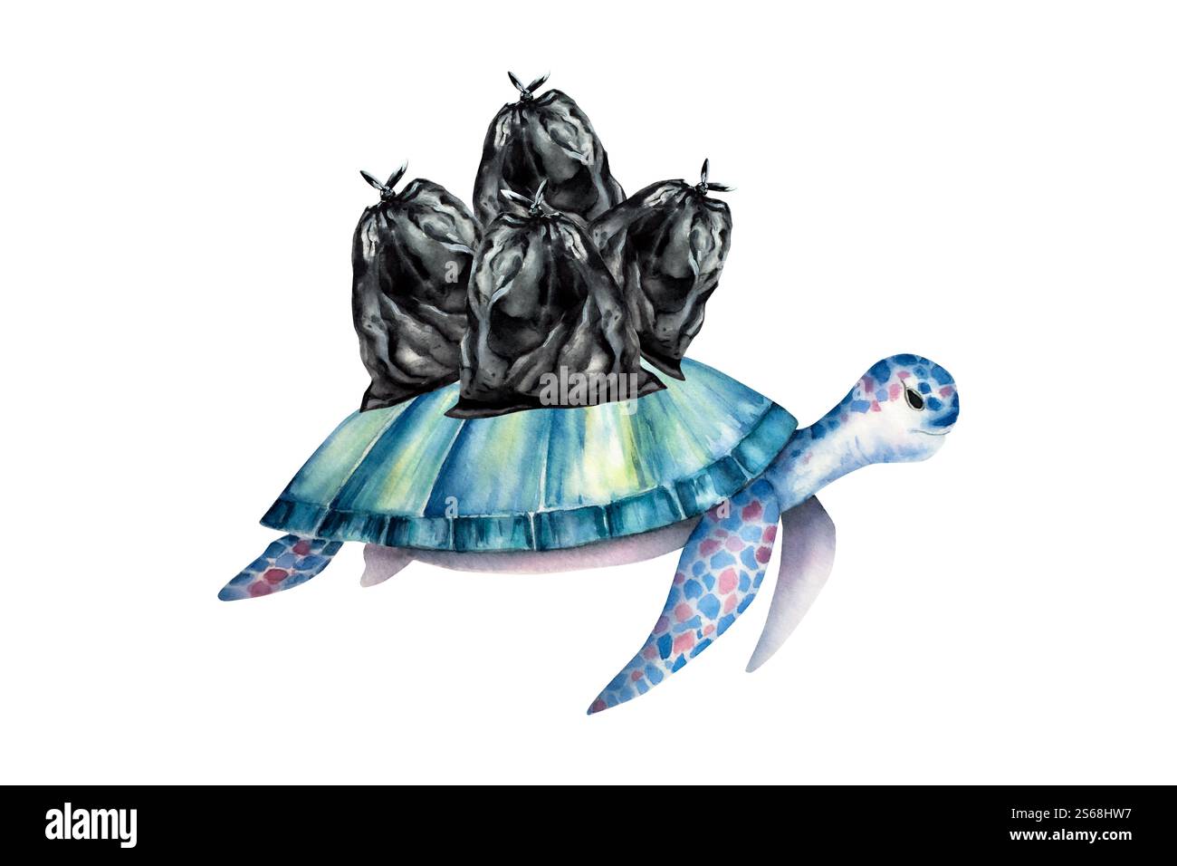 Plastic Garbage bags filled with trash on sea turtle. Nice watercolor ...
