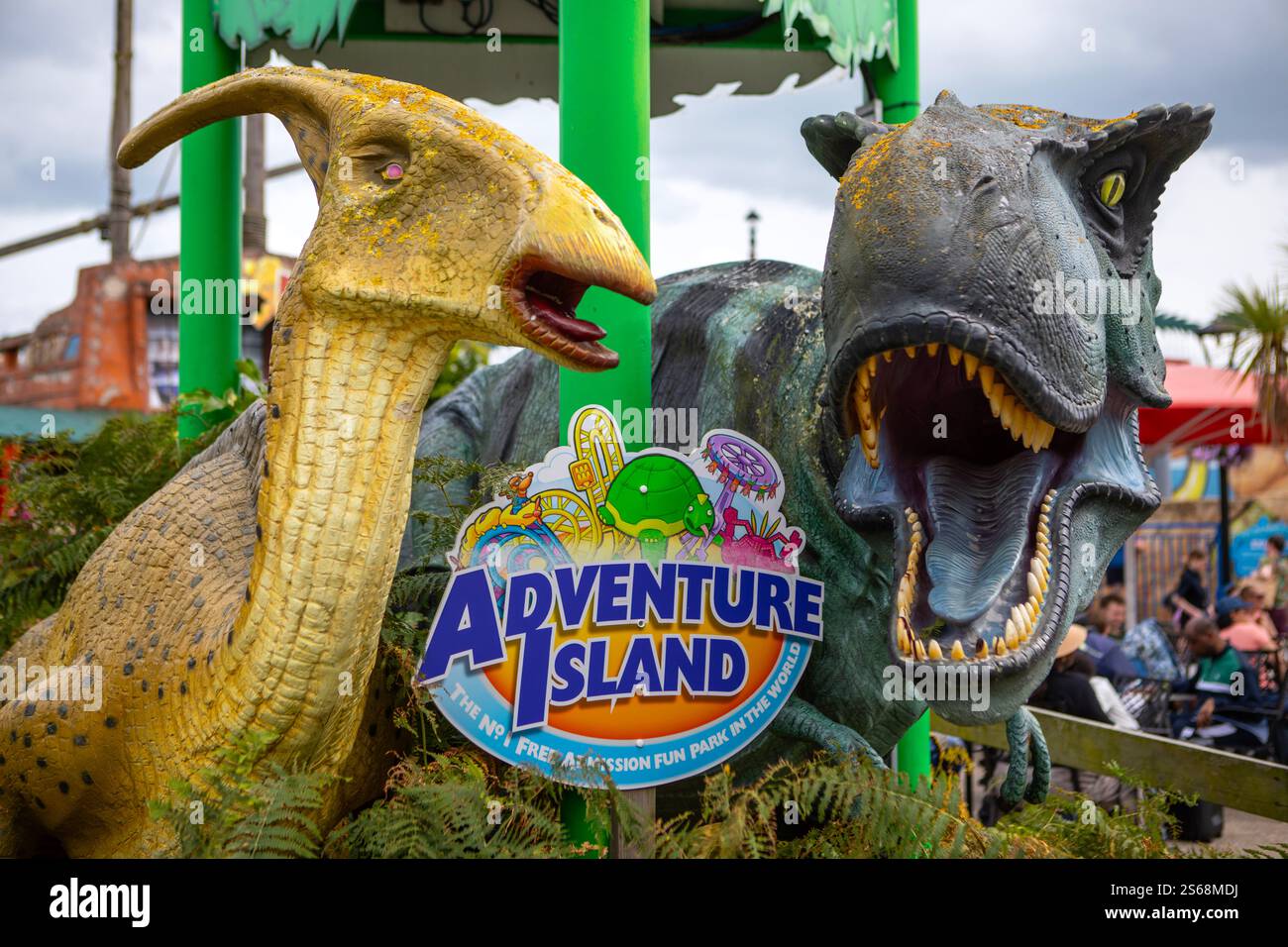Essex, UK - July 26th 2024: Sign and dinosaur statues at the Adventure ...