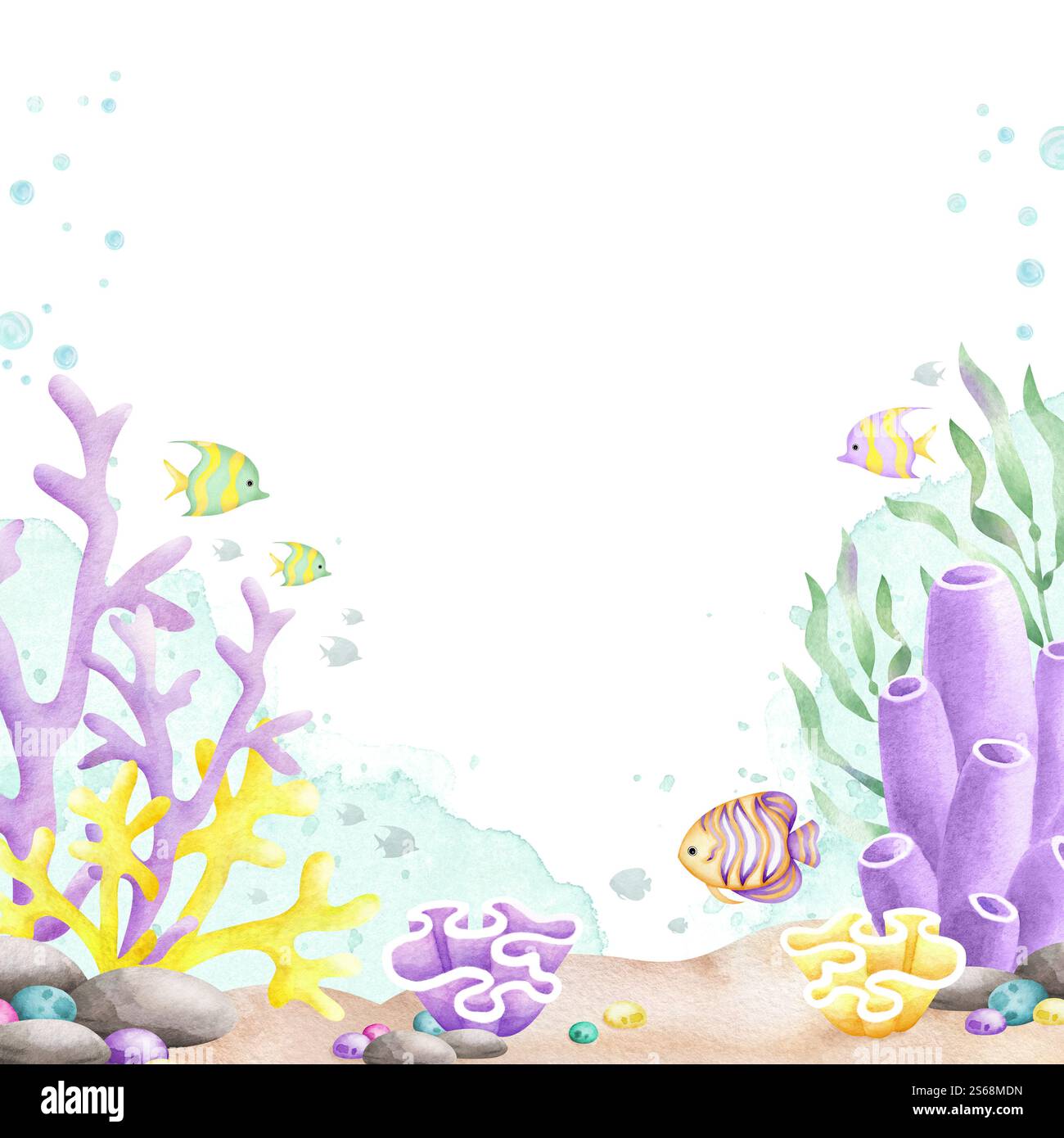 Seabed with fishes, seaweed, corals, pebbles, stones, bubbles ...