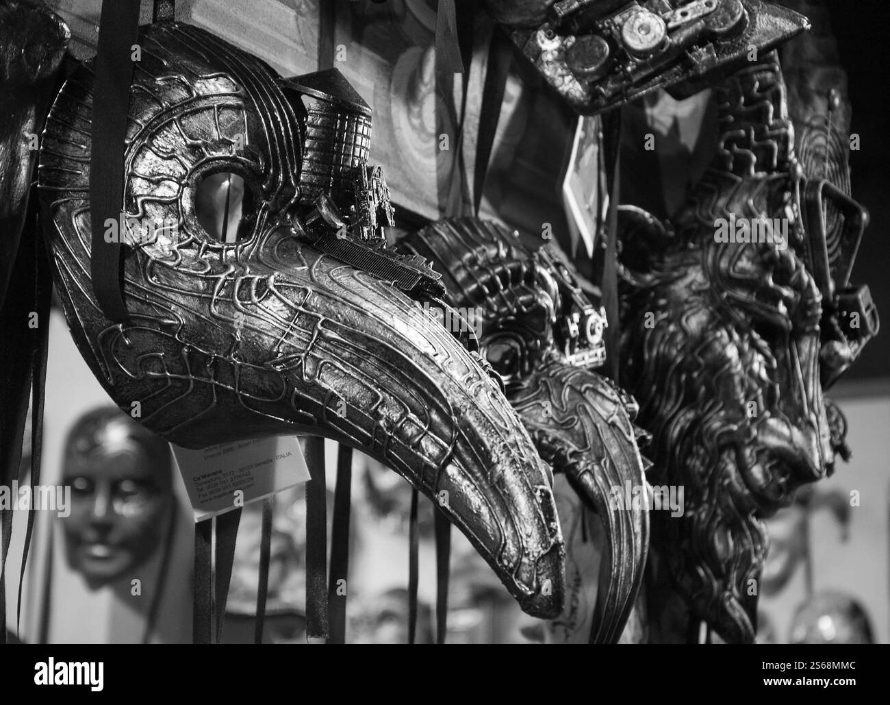 Venice, Italy - February 13, 2015: Unique masks on display at Ca Macana ...