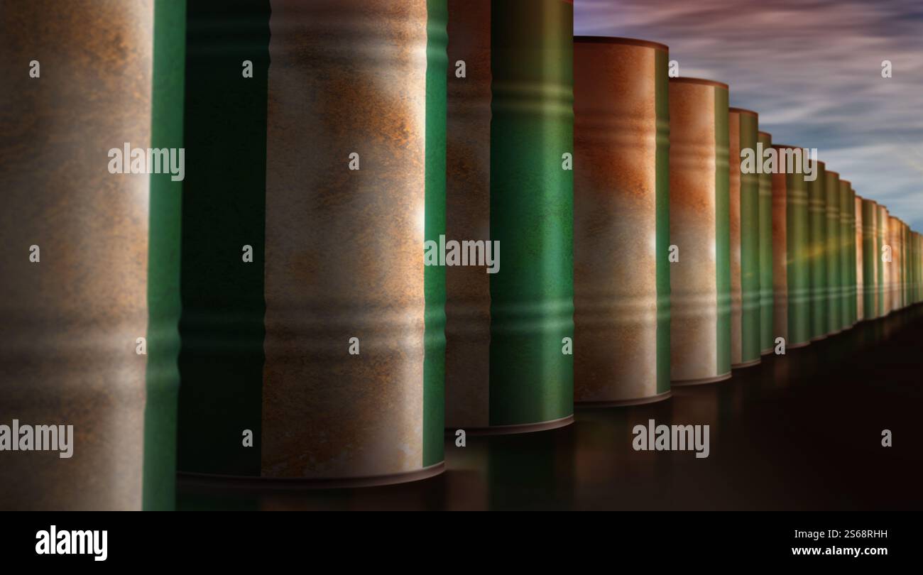 Nigeria oil crude petroleum fuel barrels in row concept. Nigerian ...