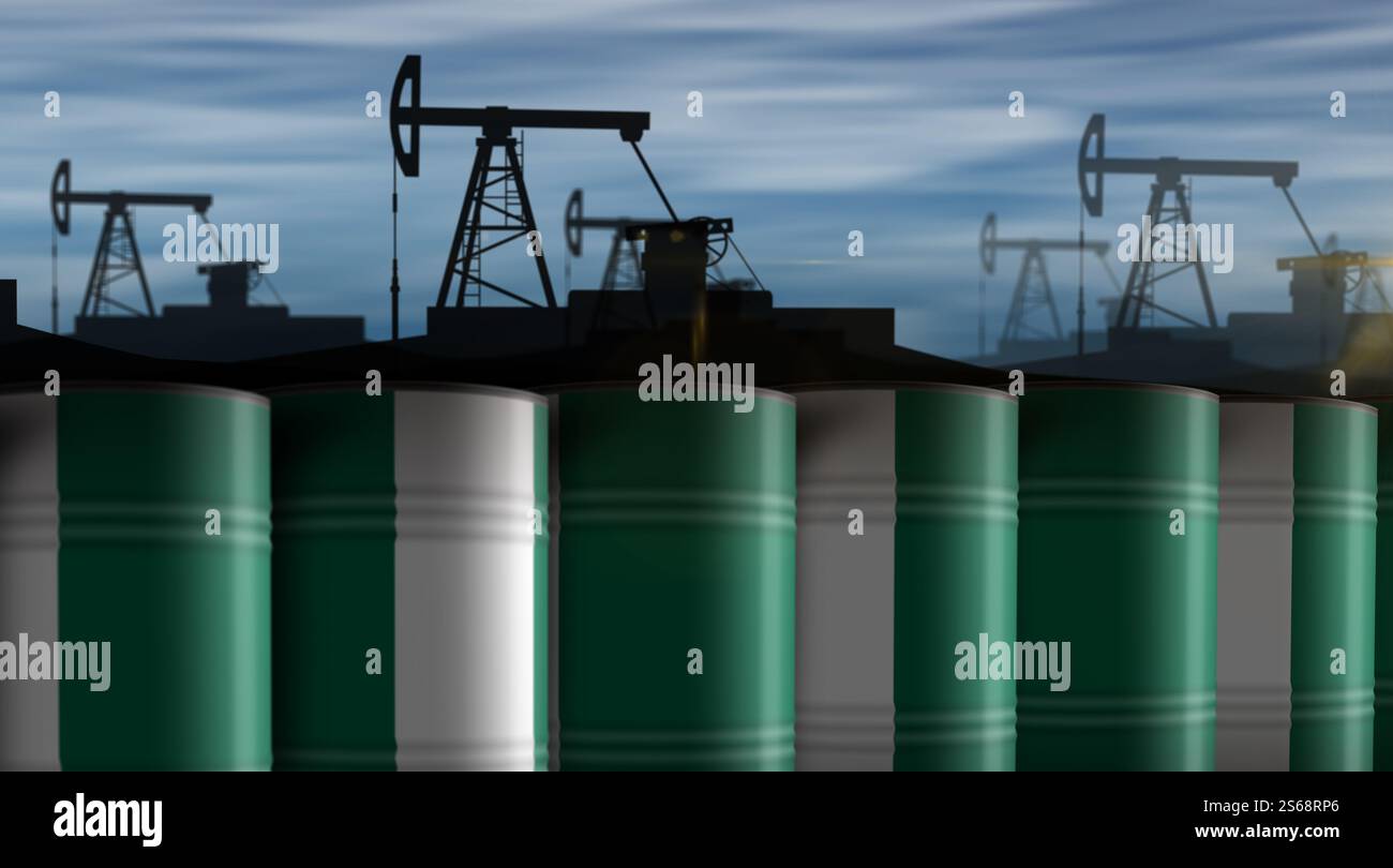 Nigeria oil crude petroleum fuel barrels in row concept. Nigerian ...