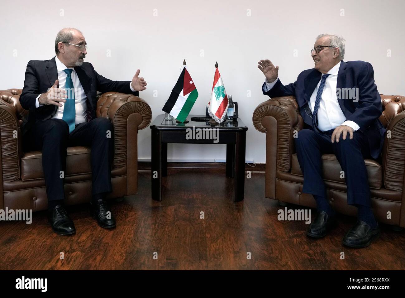 Jordan's Foreign Minister Ayman Safadi, left, meets with his Lebanese ...