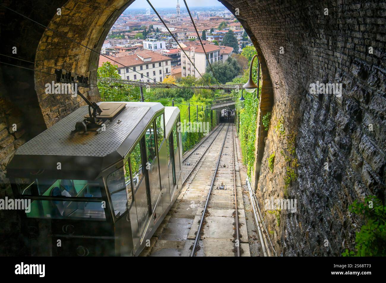 Funicular railways in Bergamo, Italy links the Citta Bassa (lower town ...