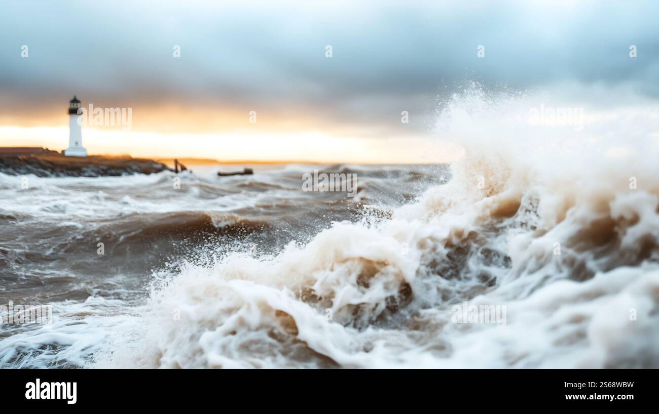 Dramatic stormy ocean scene with crashing waves,a historic lighthouse ...