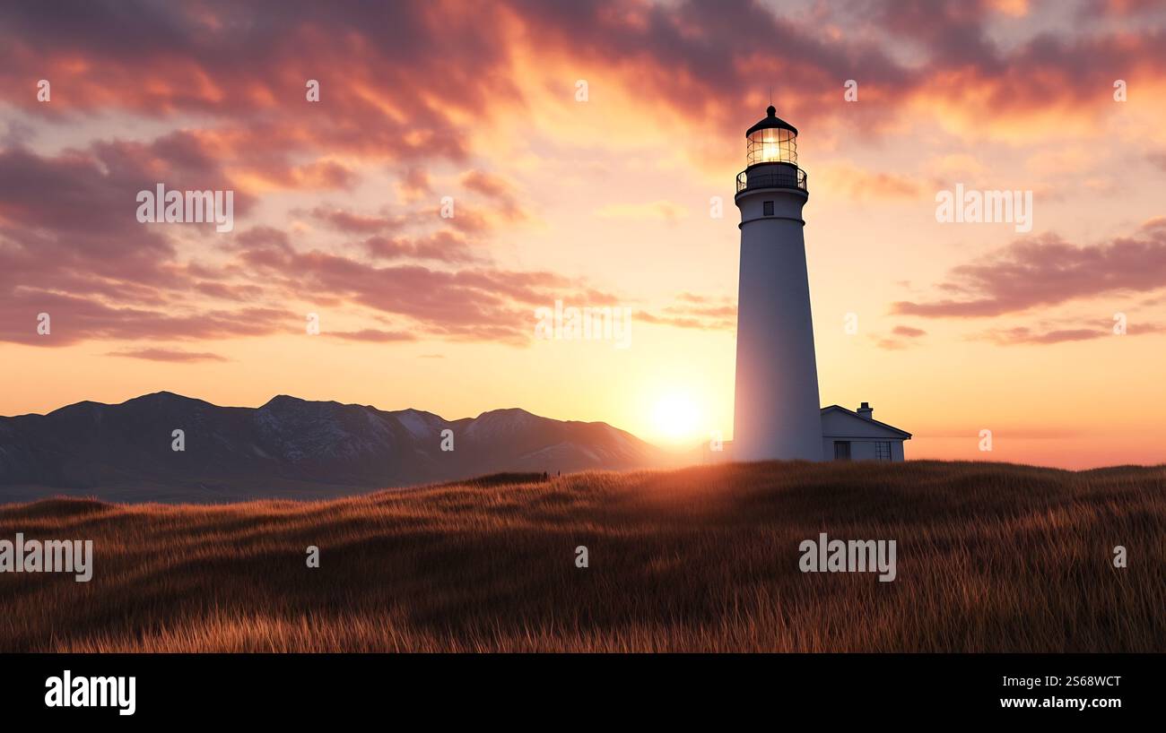 Breathtaking sunset behind a towering lighthouse,with a small keeper's ...